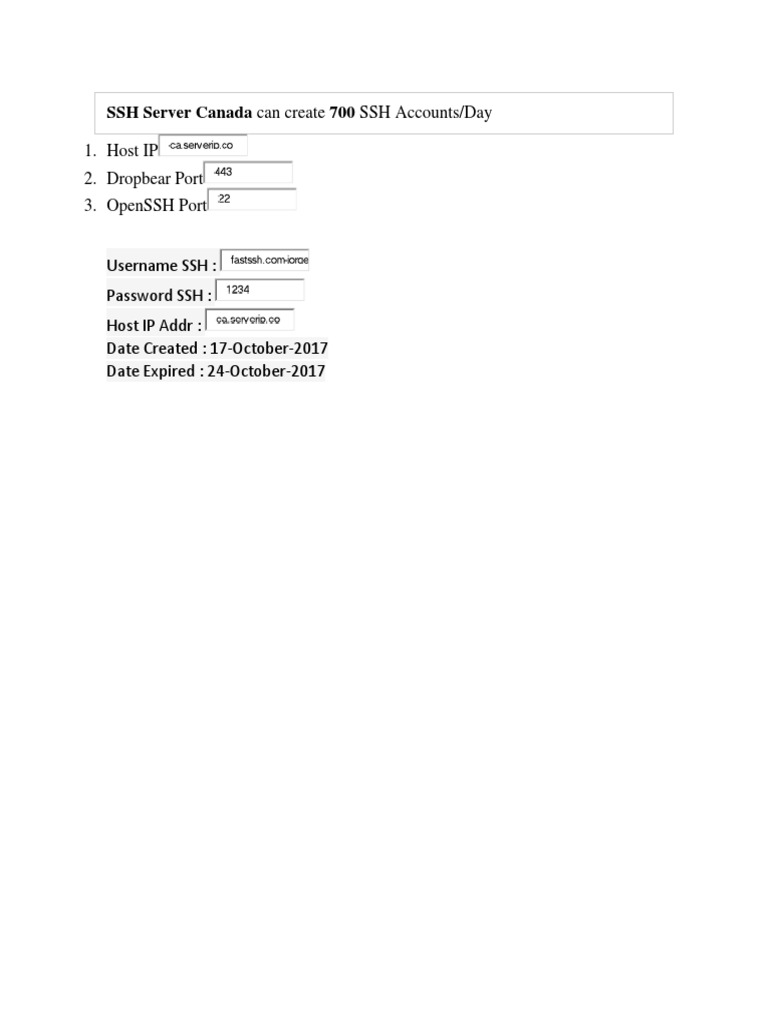 SSH Server Canada Can Create 700 SSH Accounts/Day: 1. Host Ip 2. Dropbear Port 3. Openssh Port | PDF
