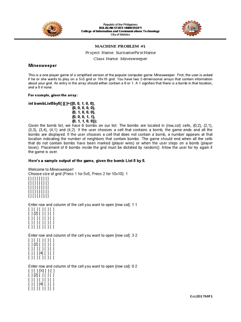 MP 1 Minesweeper | PDF | Integer (Computer Science) | Computer Engineering