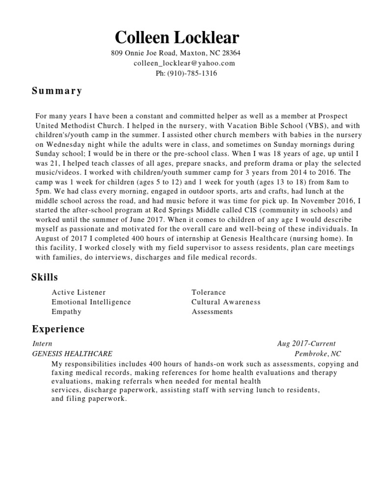 Colleen Locklear: Intern Aug 2017-Current Genesis Healthcare Pembroke ...