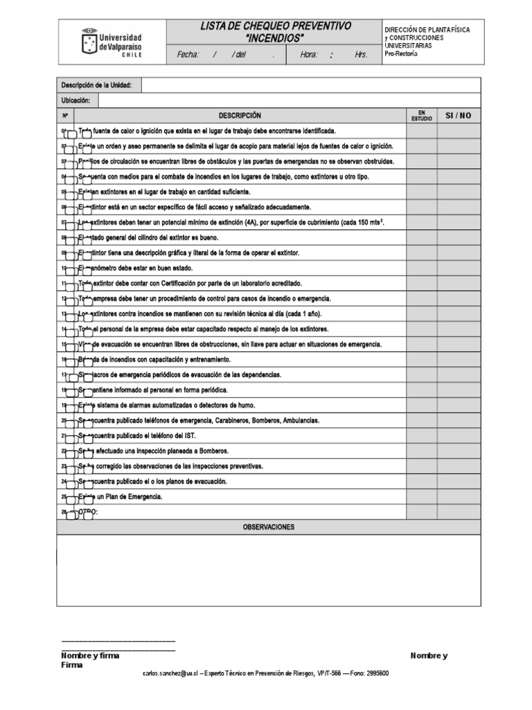 Lista de Chequeo Preventivo Incendios | Bombero | Naturaleza