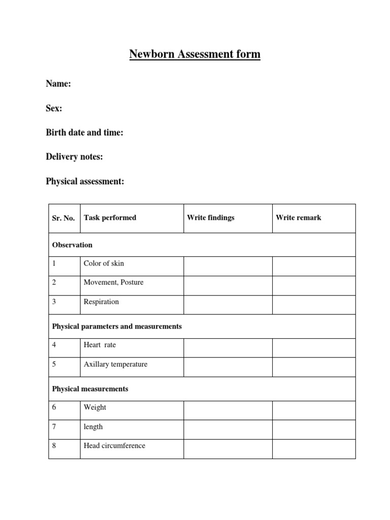 Newborn Assessment Form: Name: Sex: Birth Date and Time: Delivery Notes ...