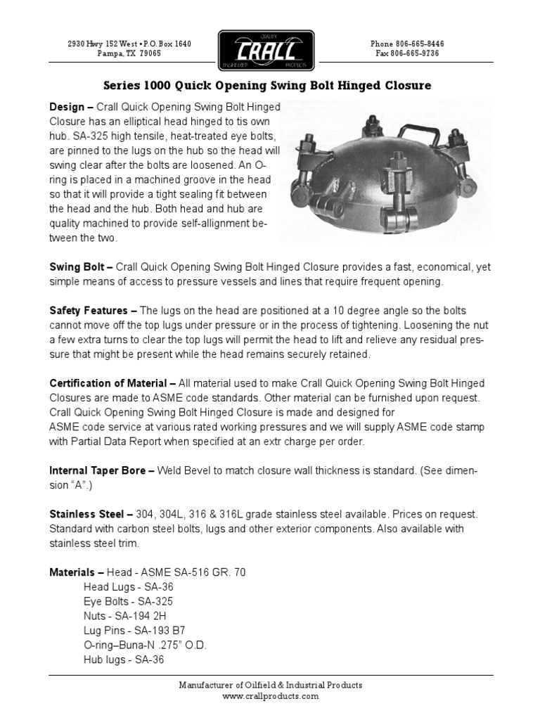 Quick Opening Swing Bolt Hinged Closure | PDF | Screw | Pipe (Fluid ...