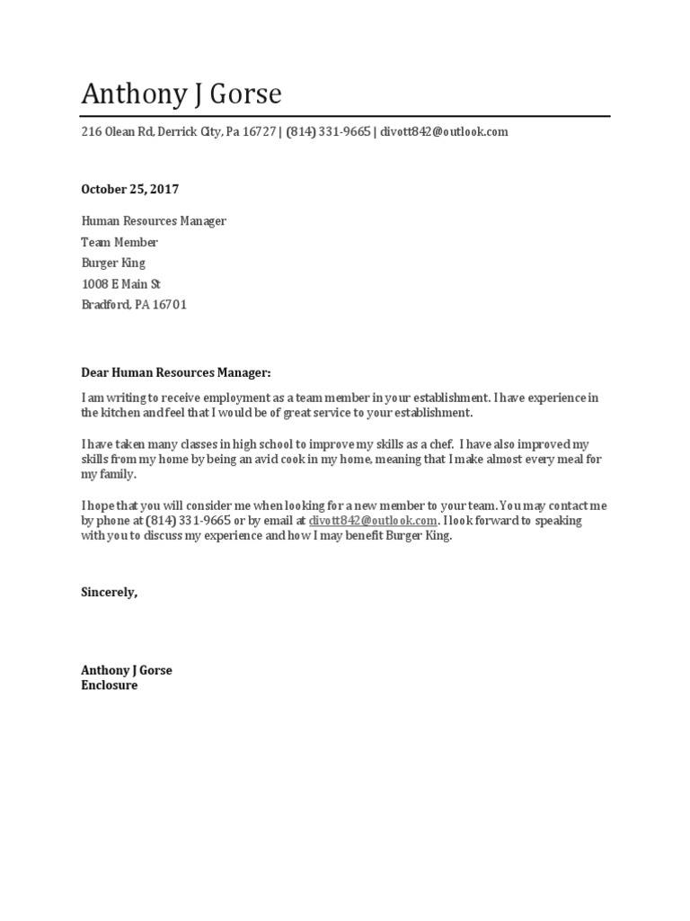 Cover Letter | PDF | Cooking, Food & Wine