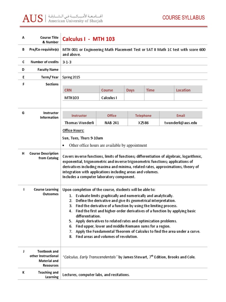 Calculus I - MTH 103: Course Syllabus | PDF | Derivative | Integral
