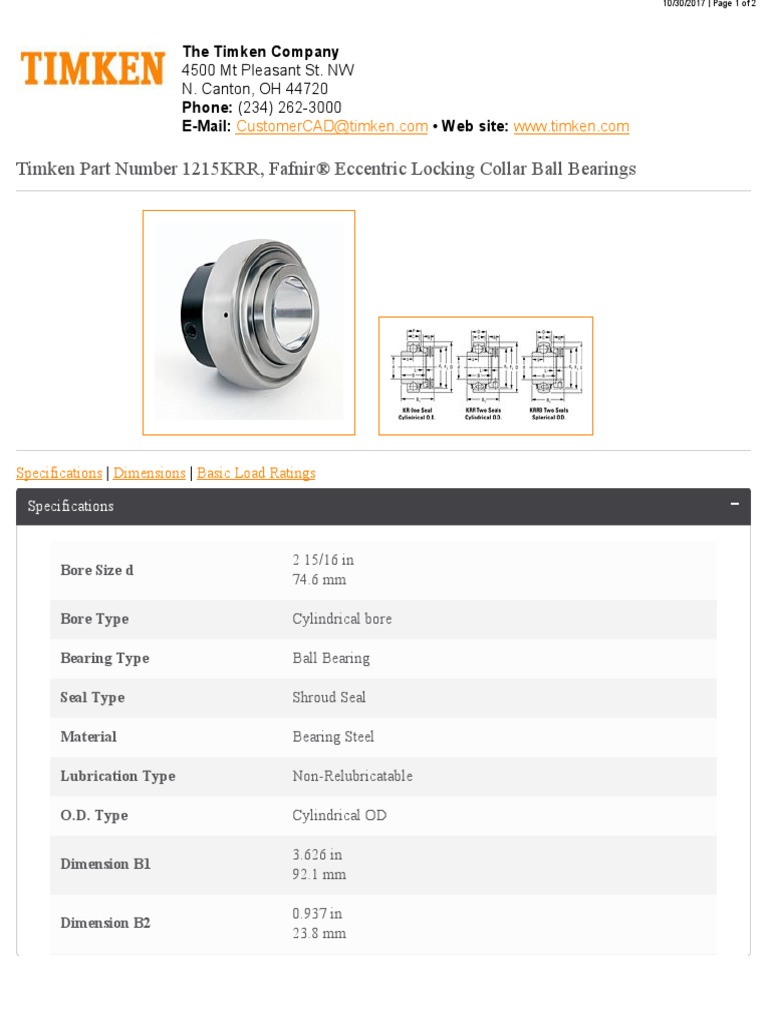 Timken Part Number 1215KRR, Fafnir® Eccentric Locking Collar Ball ...