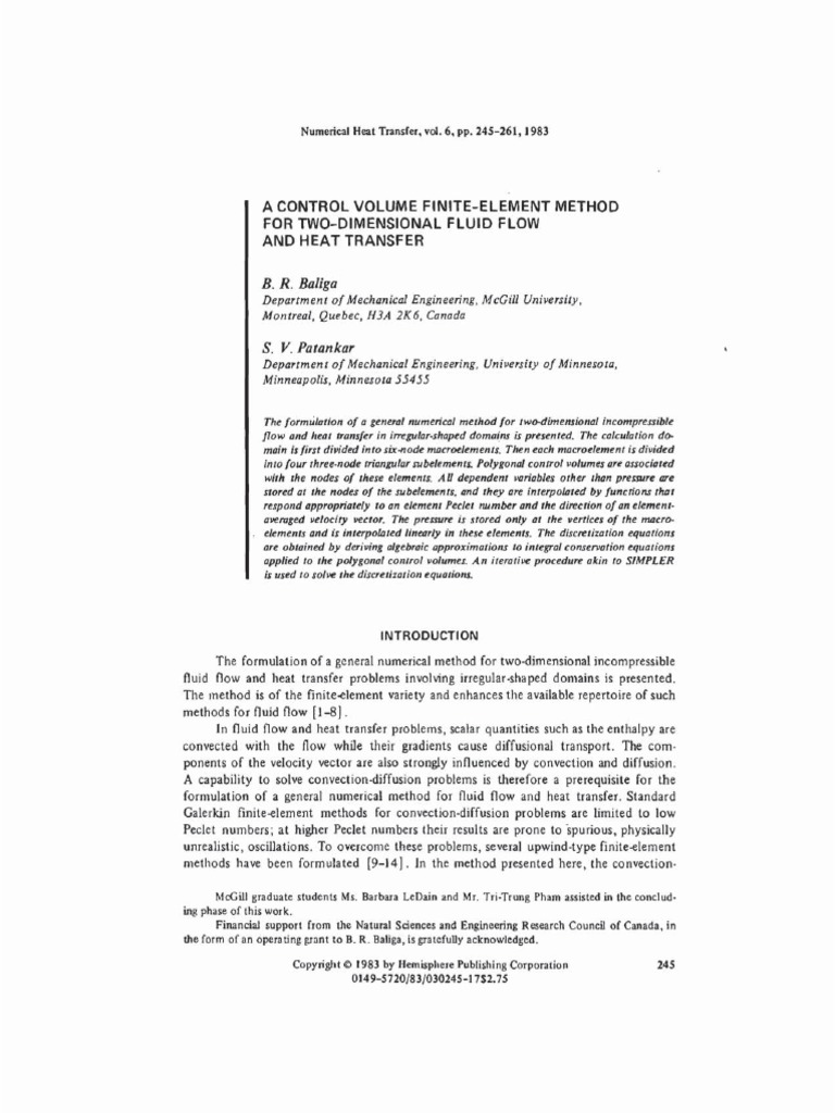 A Control Volume Finite-Element Method For Two-Dimensional Fluid Flow and Heat Transfer | PDF