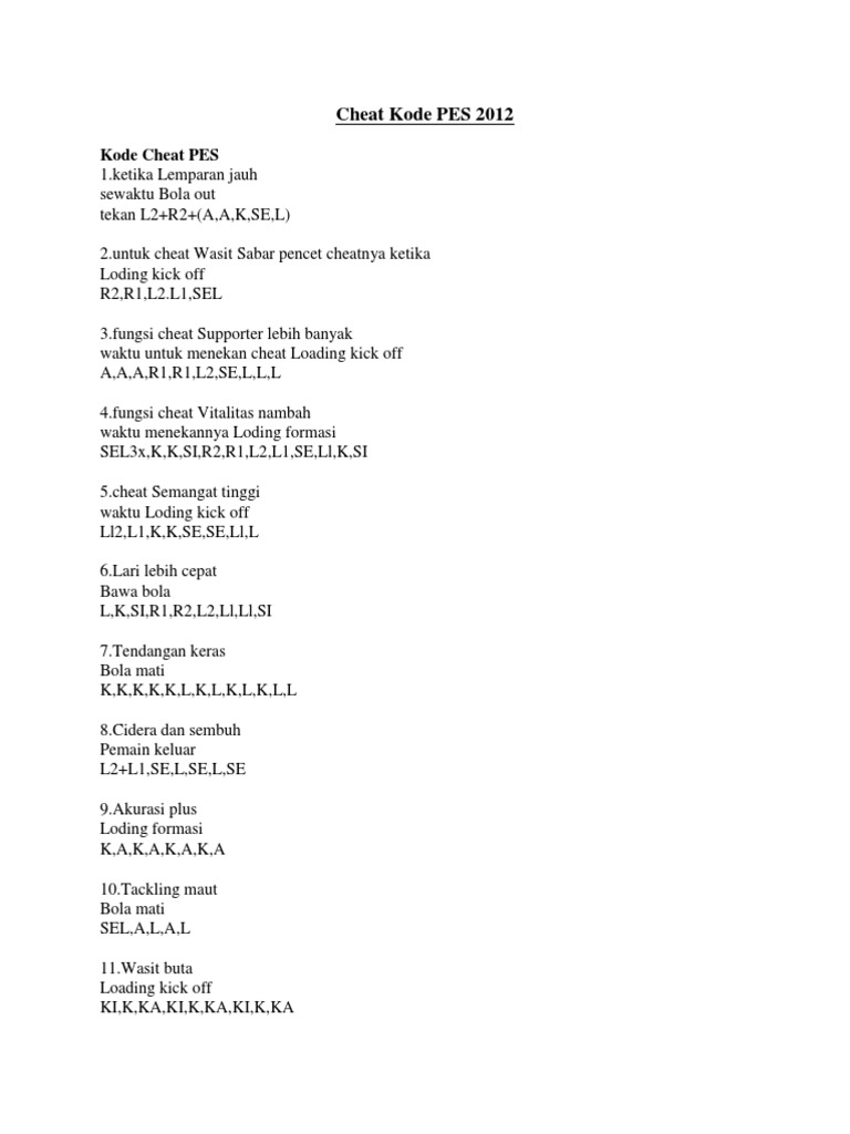 Cheat Kode PES 2012 | PDF