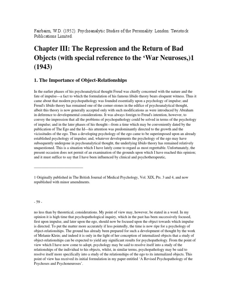 Fairbairn Repression and Return of The Bad Object | PDF | Id ...