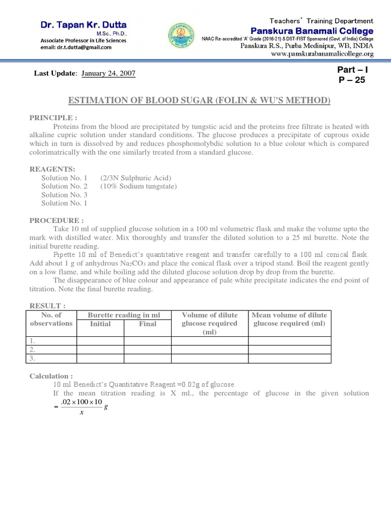 P - 21 Estimation of Blood Sugar (Folin & Wu's Method) | PDF | Science ...