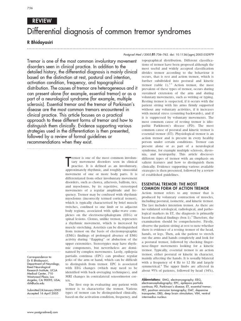 Differential Diagnosis of Common Tremor Syndromes | Dystonia | Deep ...