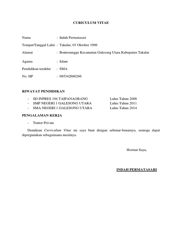 Contoh CV Dan Surat Lamaran Kerja Bimbel | PDF