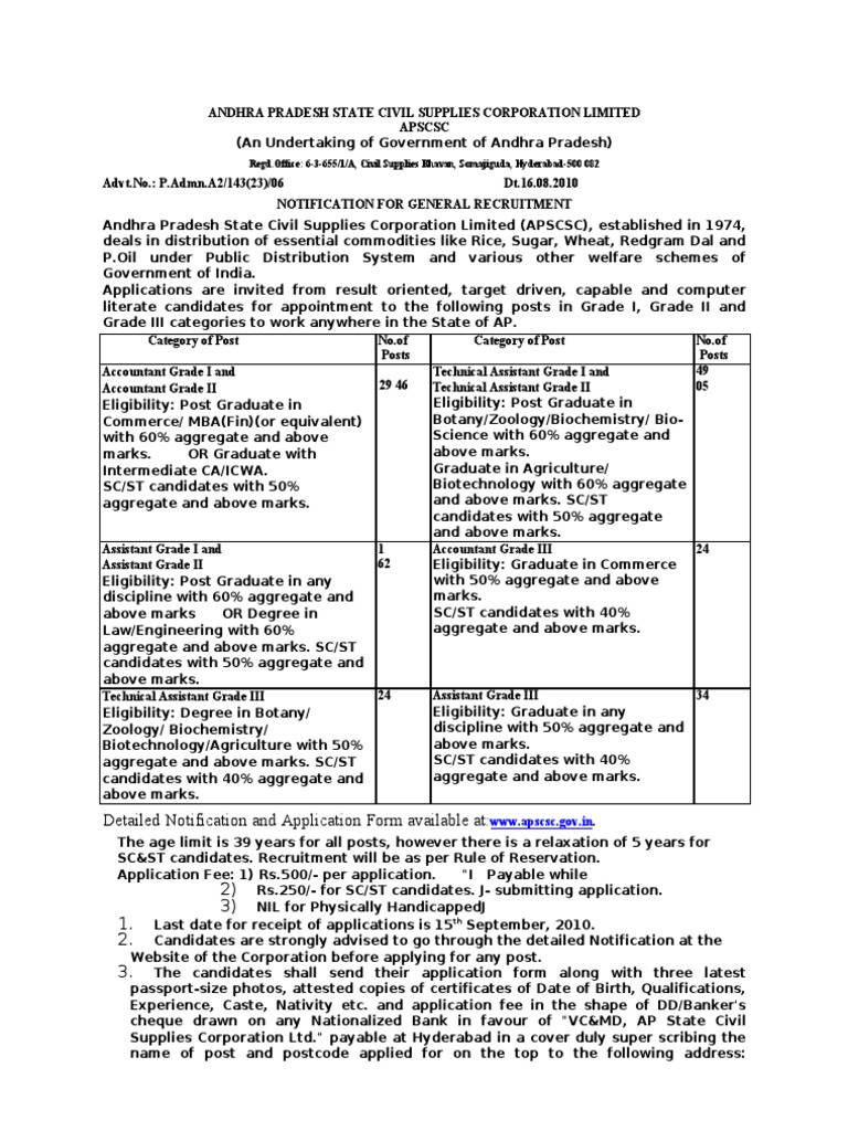 Andhra Pradesh State Civil Supplies Corporation Limited Notice | PDF ...