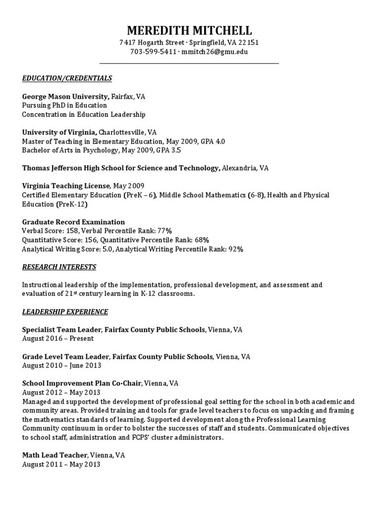 Meredith Mitchell: Education & Leadership Profile | PDF | Mentorship ...