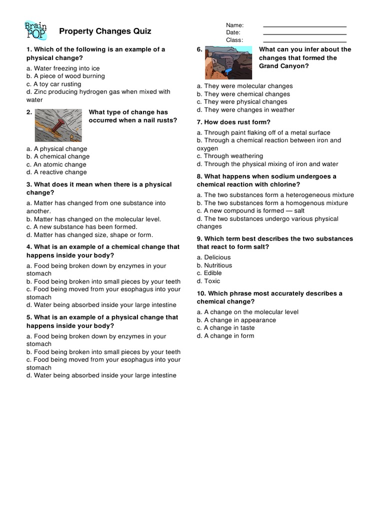 Matter and Chemistry - Property Changes Quiz | PDF | Chemical ...
