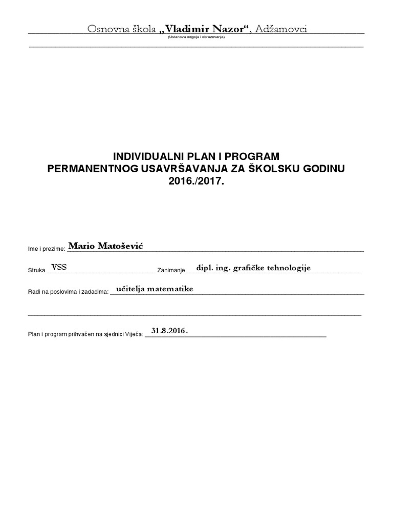 Obrazac Individualnog Usavršavanja 2016 2017 | PDF