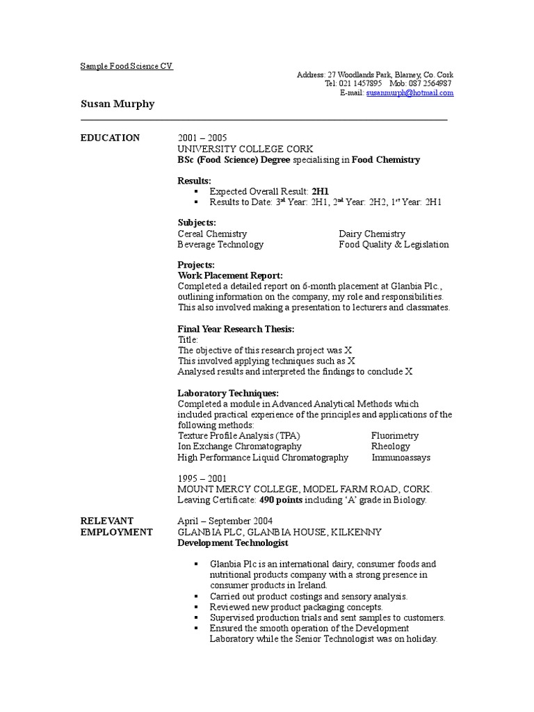 Sample Food Science CV | PDF | Food Science | Foods