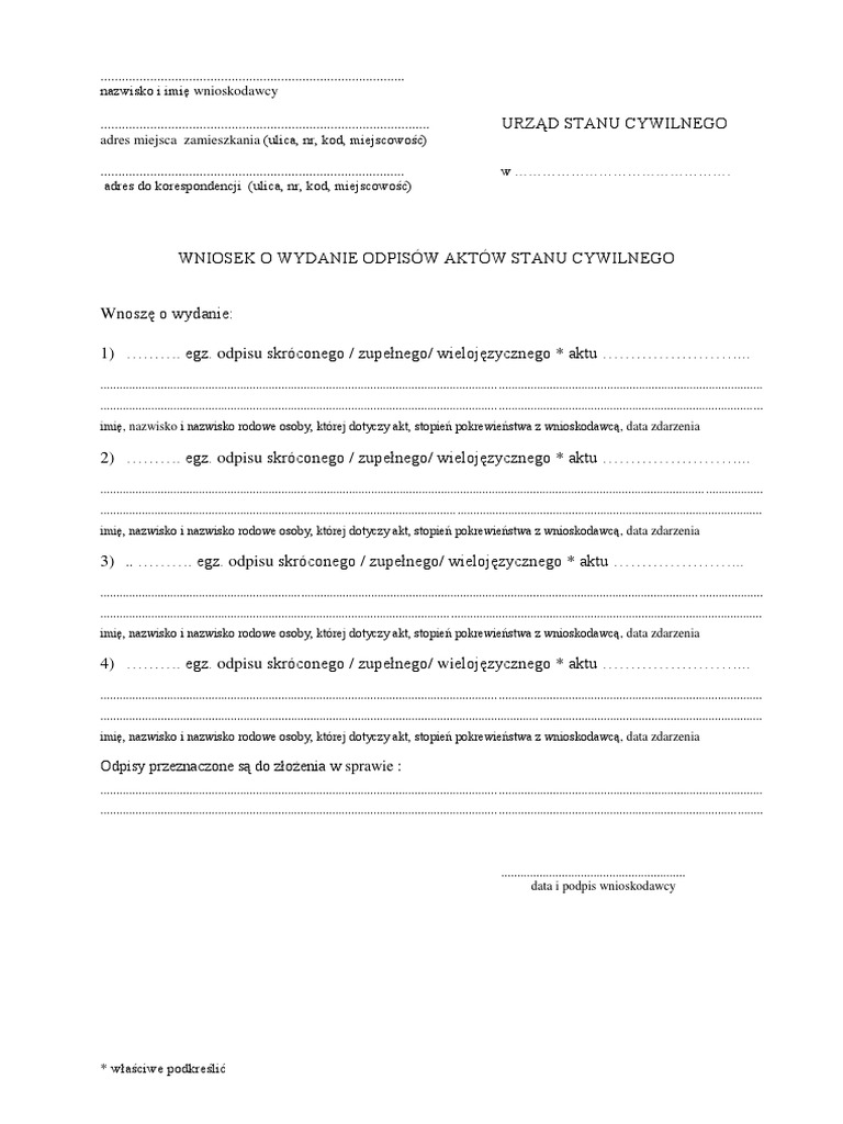 Wniosek o Wydanie Odpisu Aktu Stanu Cywilnego | PDF