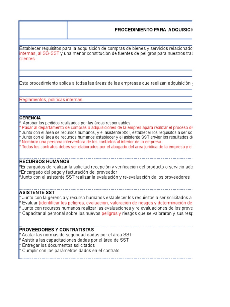 Procedimiento Para Adquisiciones y Compras de Sst | Gestión de recursos humanos | Seguridad y ...