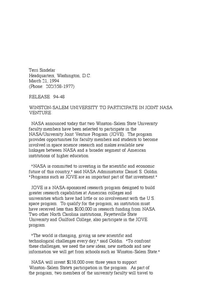 Official NASA Communication 94-048 | PDF | Nasa | University