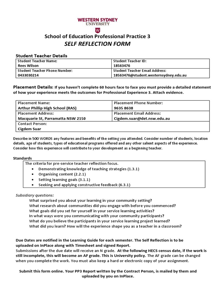 Ras Self Reflection Form | PDF | Service Learning | Teachers