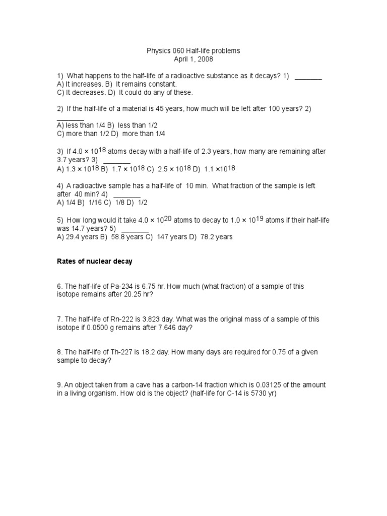 060 Half Life Worksheet | PDF | Radioactive Decay | Sets Of Chemical ...