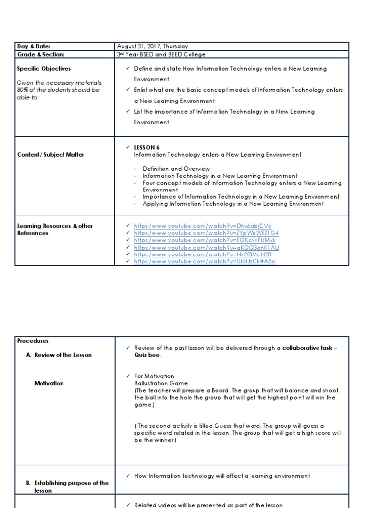 Lesson Plan IT Enters A New Learning Environment | PDF | Constructivism ...
