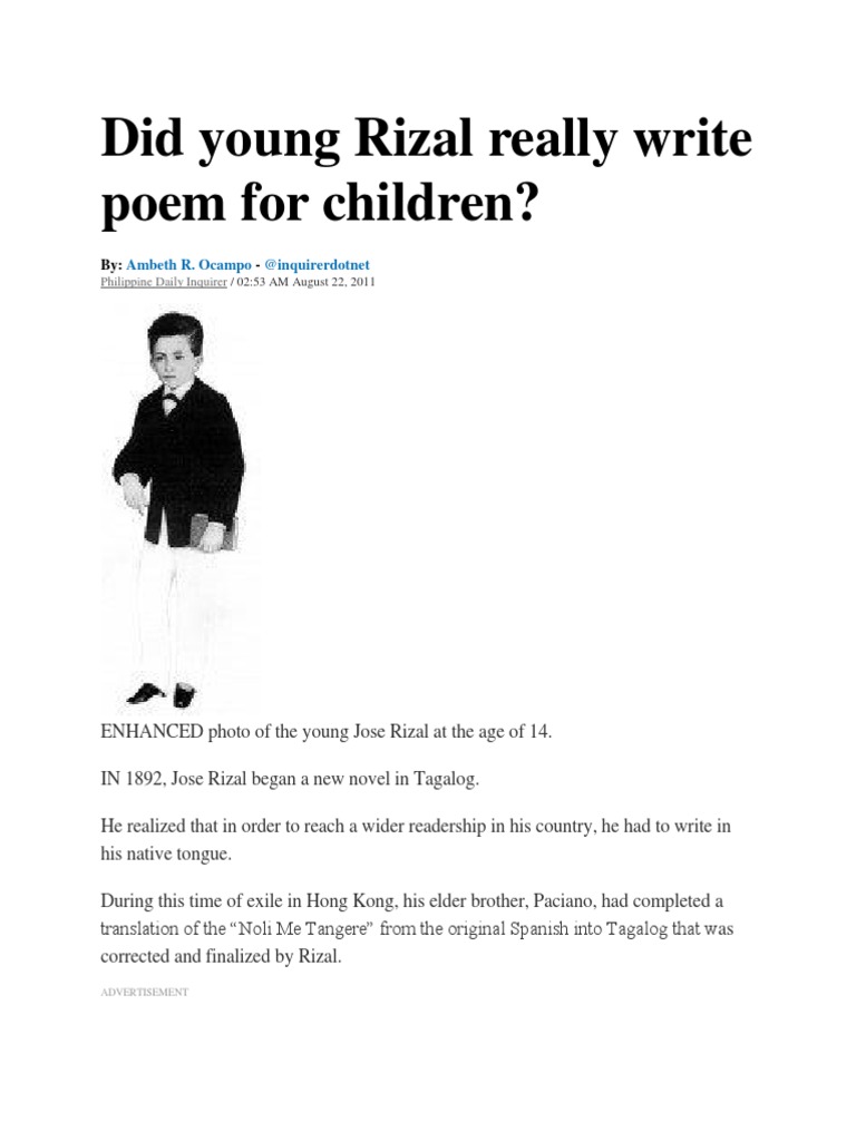 Did Young Rizal Really Write Poem For Children | PDF | Philippines ...