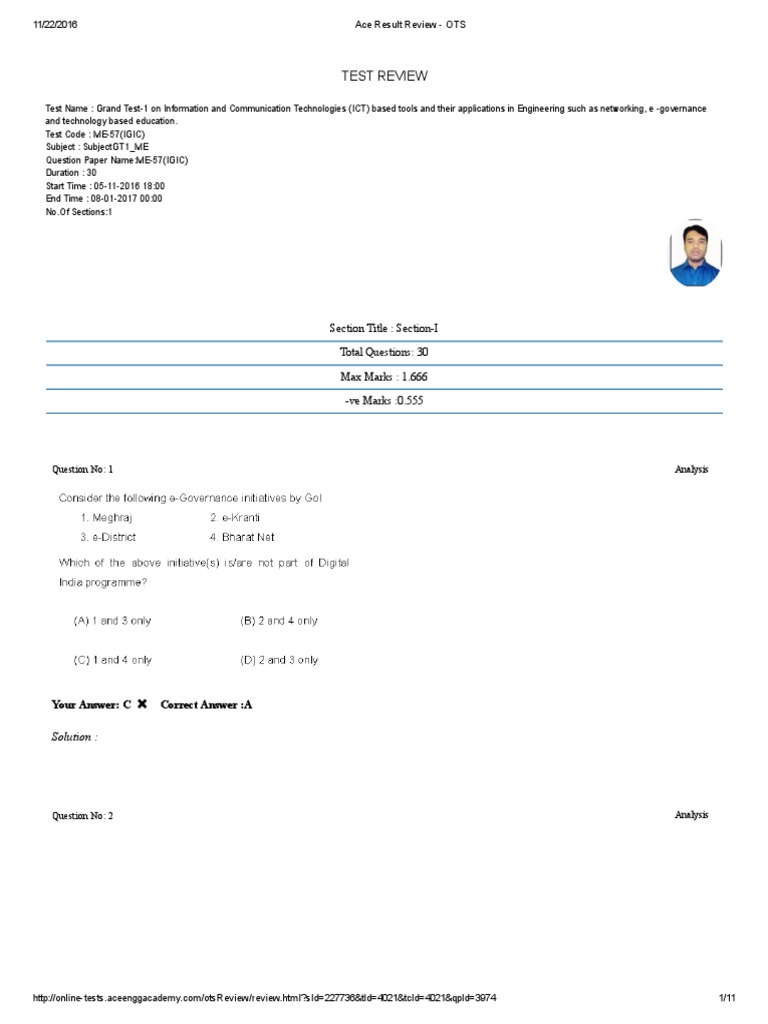 Test Review: Section Title: Section I Total Questions: 30 Max Marks: 1. ...