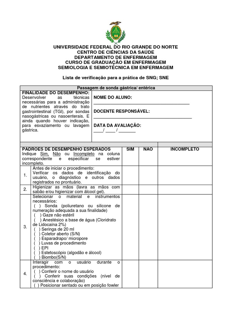 Roteiro SNG e SNE | PDF | Enfermagem | Bem-estar