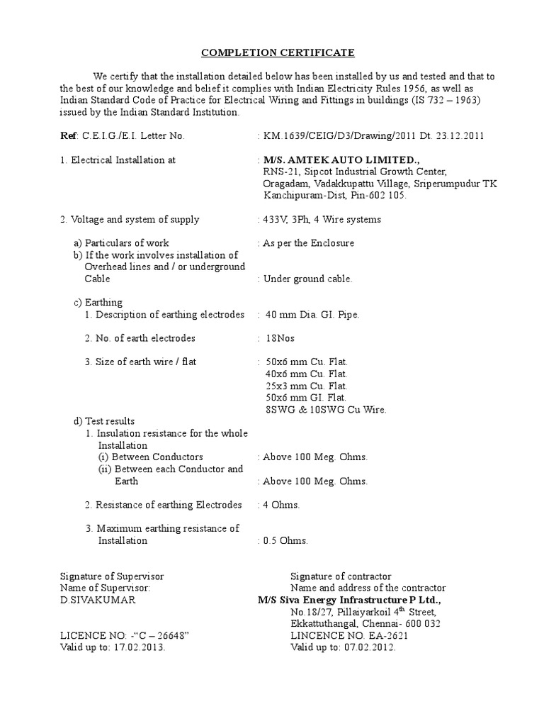 Completion Certificate | PDF | Electrical Wiring | Electrical ...
