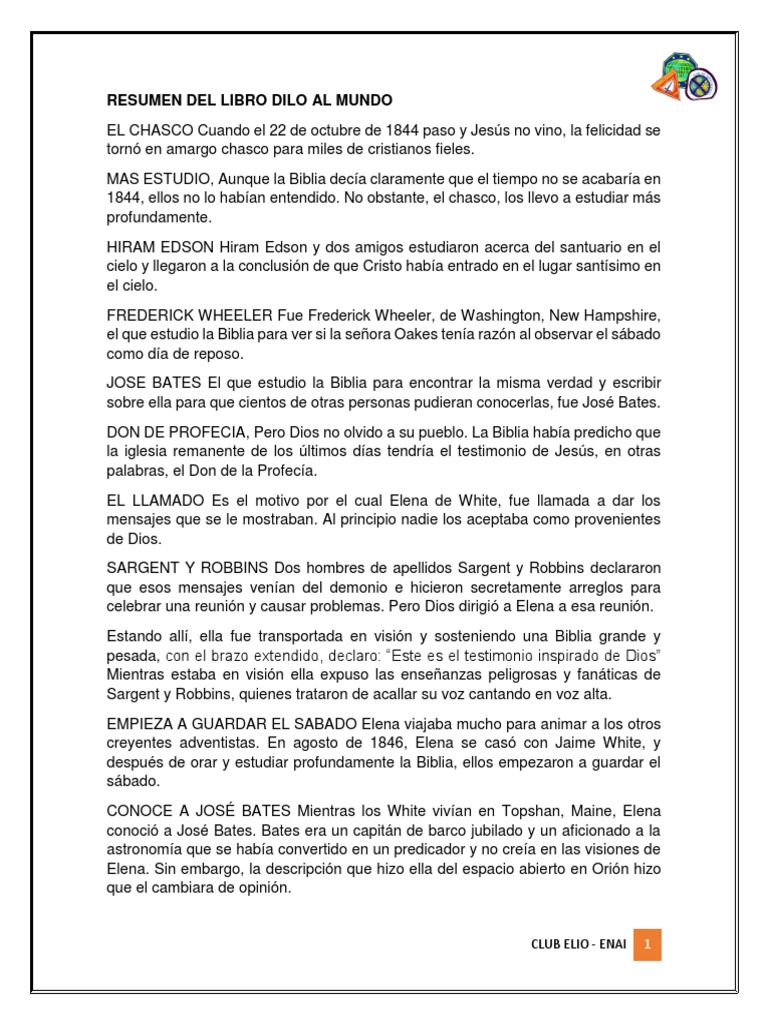 Resumen Del Libro Dilo Al Mundo | PDF | Iglesia Adventista del Séptimo Día | Religión y creencia