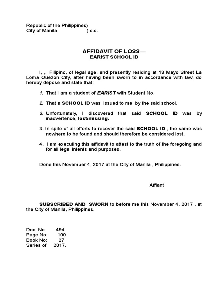 Lost Student ID Affidavit: Request for Replacement of Missing Earist ...