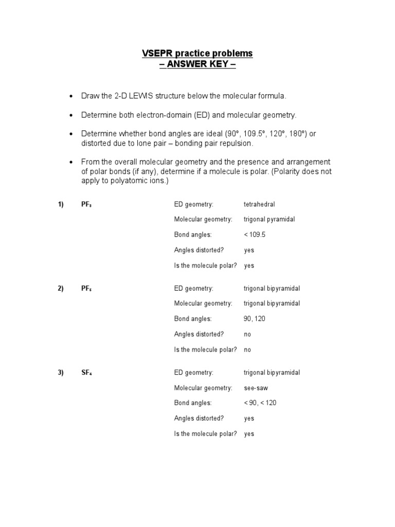 VSEPR Practice Problems | PDF | Chemical Polarity | Organic Chemistry