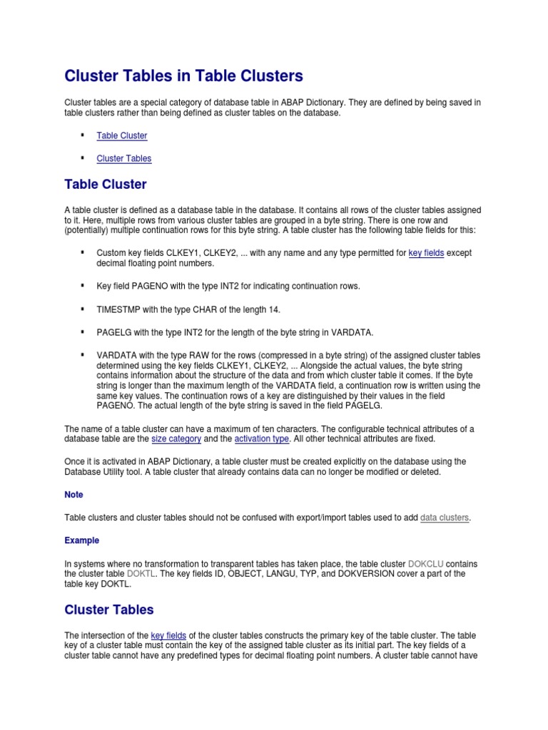 Cluster Tables in Table Clusters | PDF | String (Computer Science) | Table (Database)