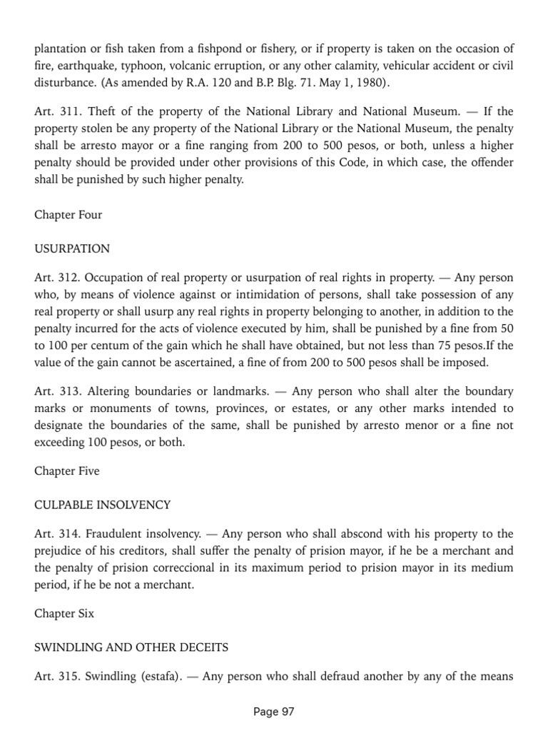 REVISED PENAL CODE Act No. 3815 Pages 97 - 100 Swindling Pages 1 - 3 ...