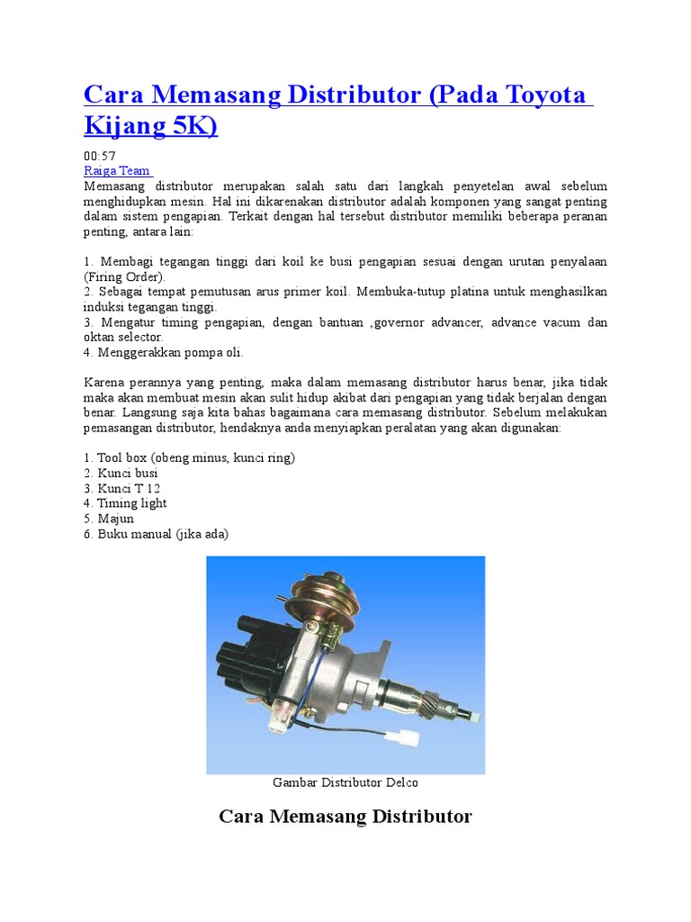 Cara Pasang Distributor Kijang 5K | PDF | Teknologi & Rekayasa