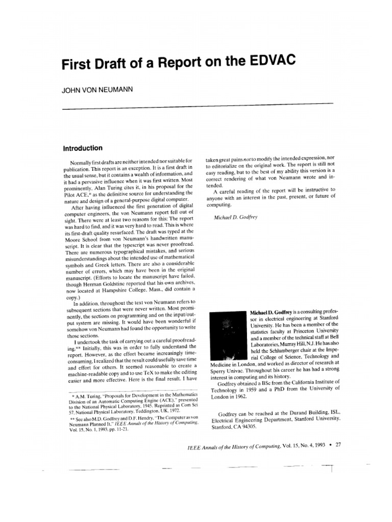 First Draft Report On The EDVAC | PDF