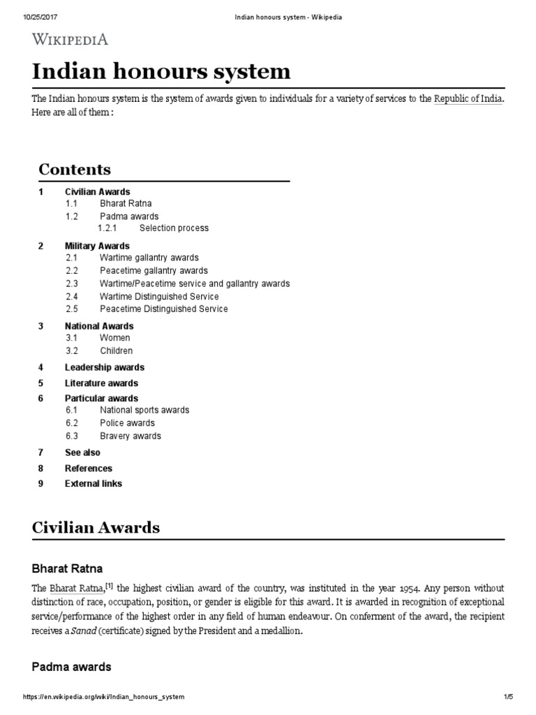 Indian Honours System - Wikipedia | PDF | Awards | Orders, Decorations ...