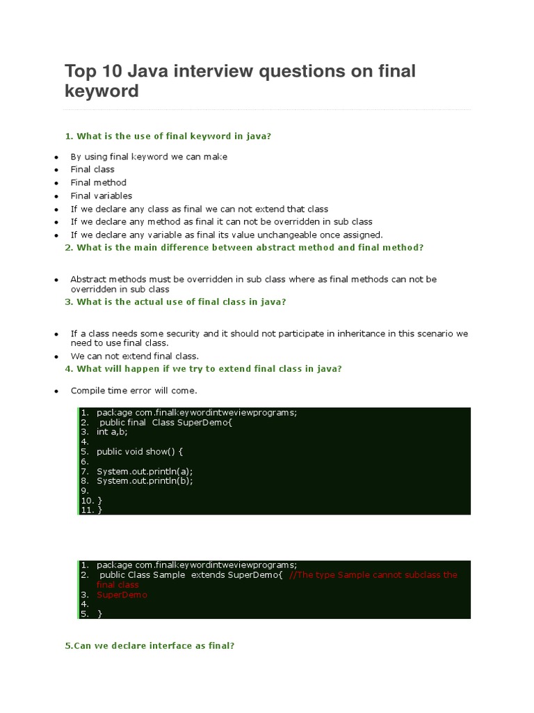 Top 10 Java Interview Questions On Final Keyword | PDF | Class ...