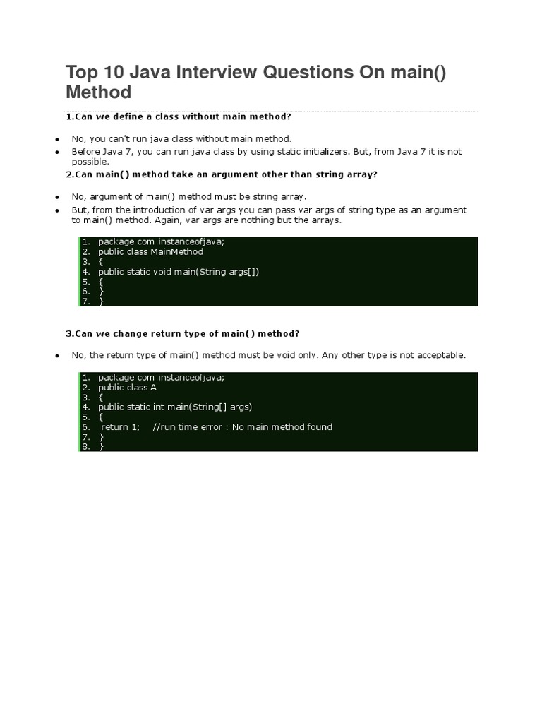 Top 10 Java Interview Questions On Main Method: 1.can We Define A Class Without Main Method ...