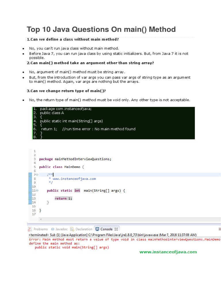 Top 10 Java Questions On Main Method 1can We Define A Class Without 6507