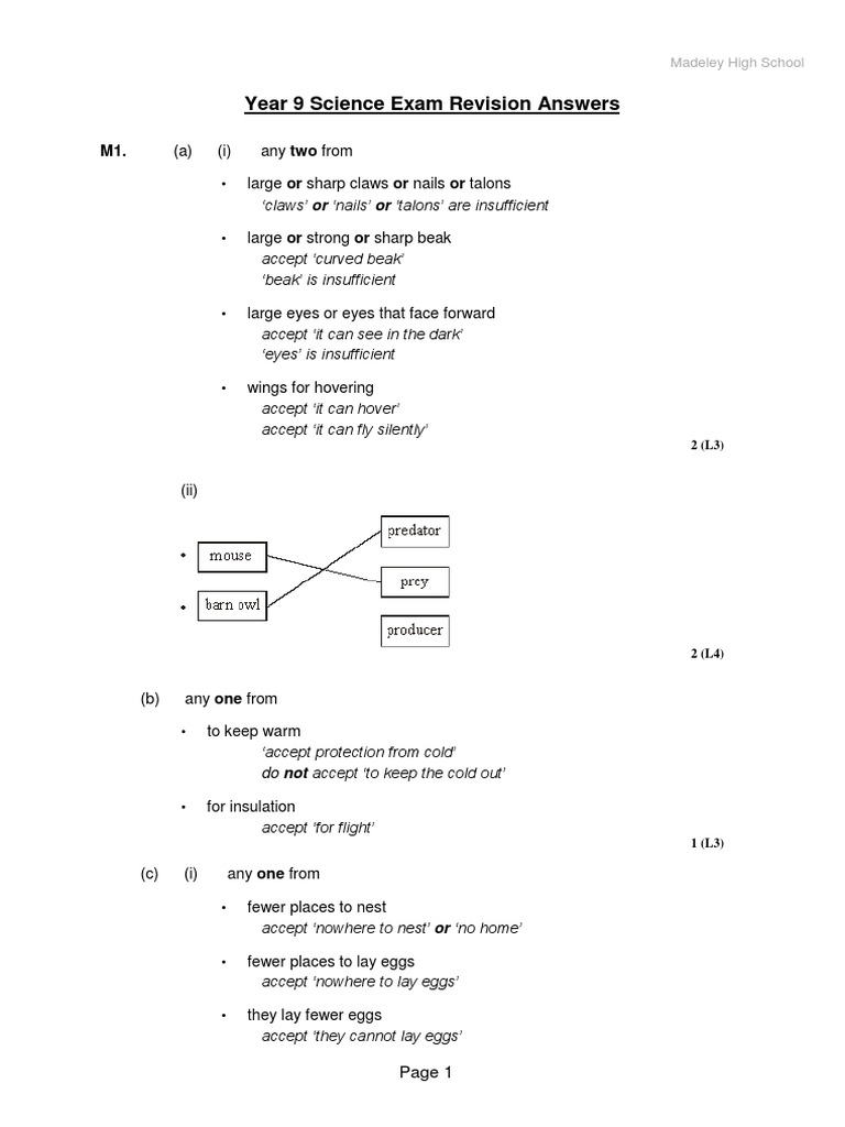 Year 9 Science Exam Revision Answers | PDF | Claw | Joint
