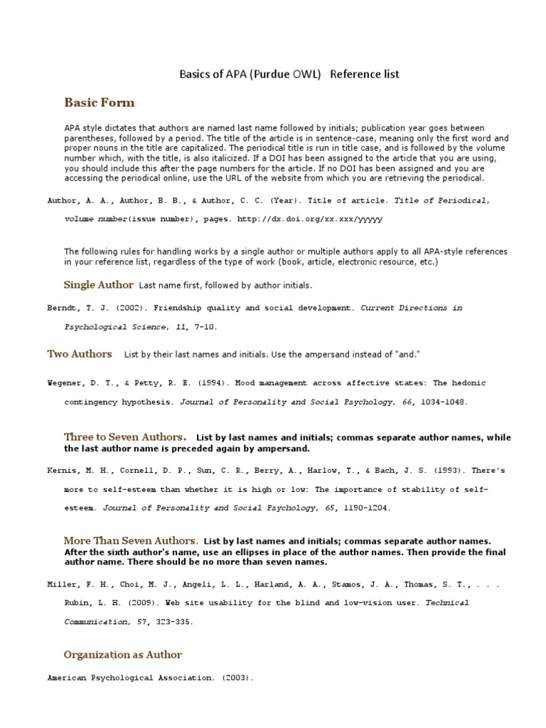 Basic Form: Basics of APA (Purdue OWL) Reference List | PDF | Digital ...