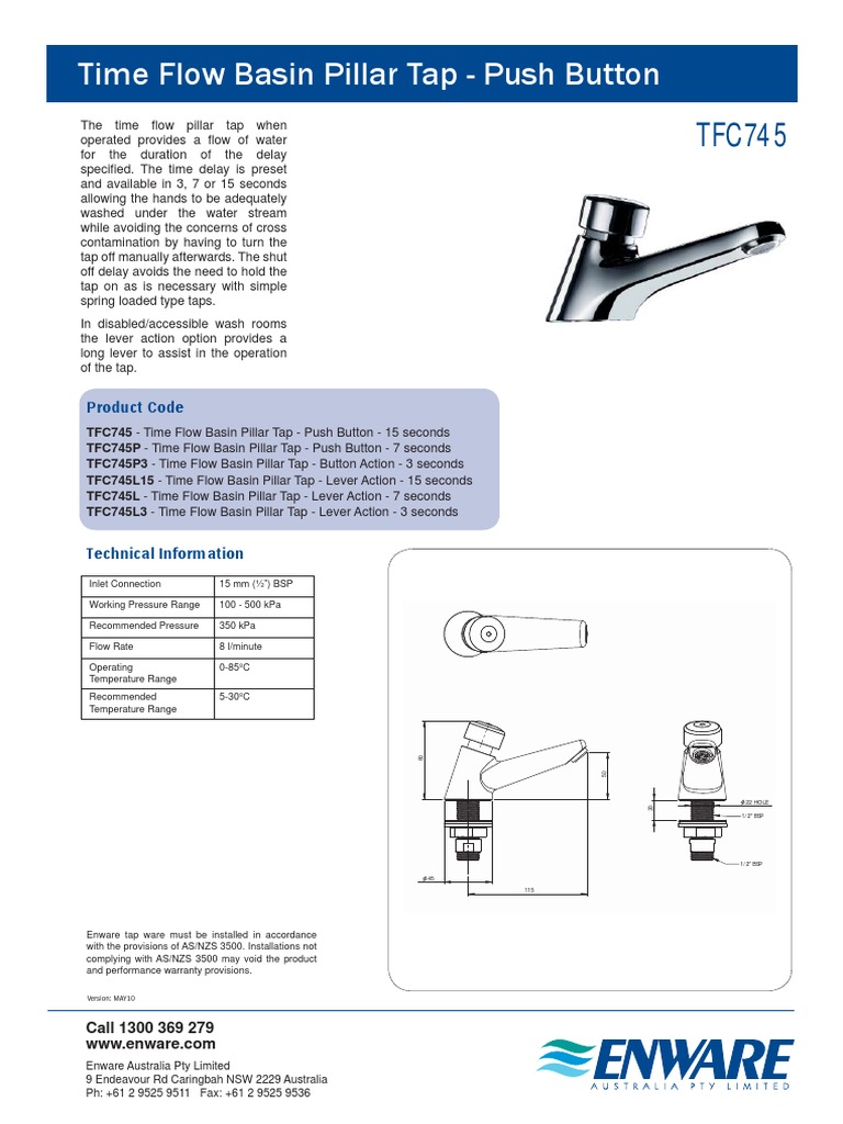 Time Flow Basin Pillar Tap - Push Button | PDF | Tap (Valve) | Valve