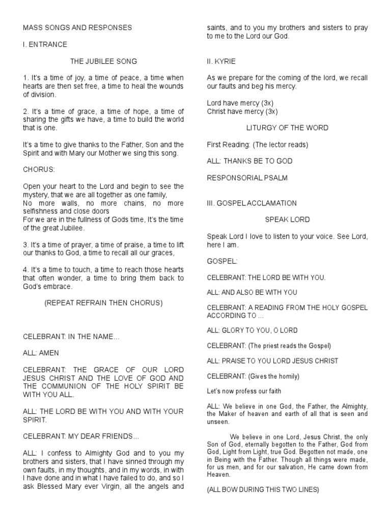 Mass Songs and Responses | PDF | Lord's Prayer | Mass (Liturgy)