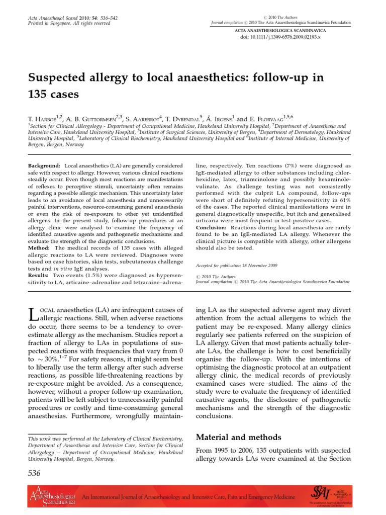 Local Anaesthetic Allergy Follow-Up Study | PDF | Allergen | Allergy