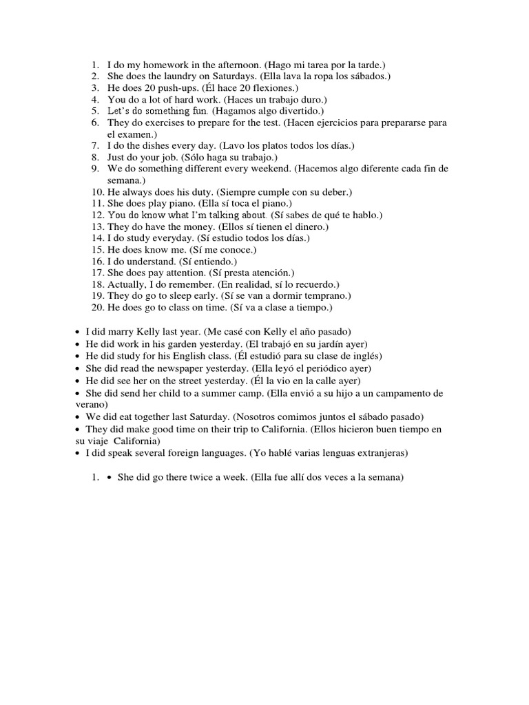 Ejemplos de oraciones con do y did | PDF