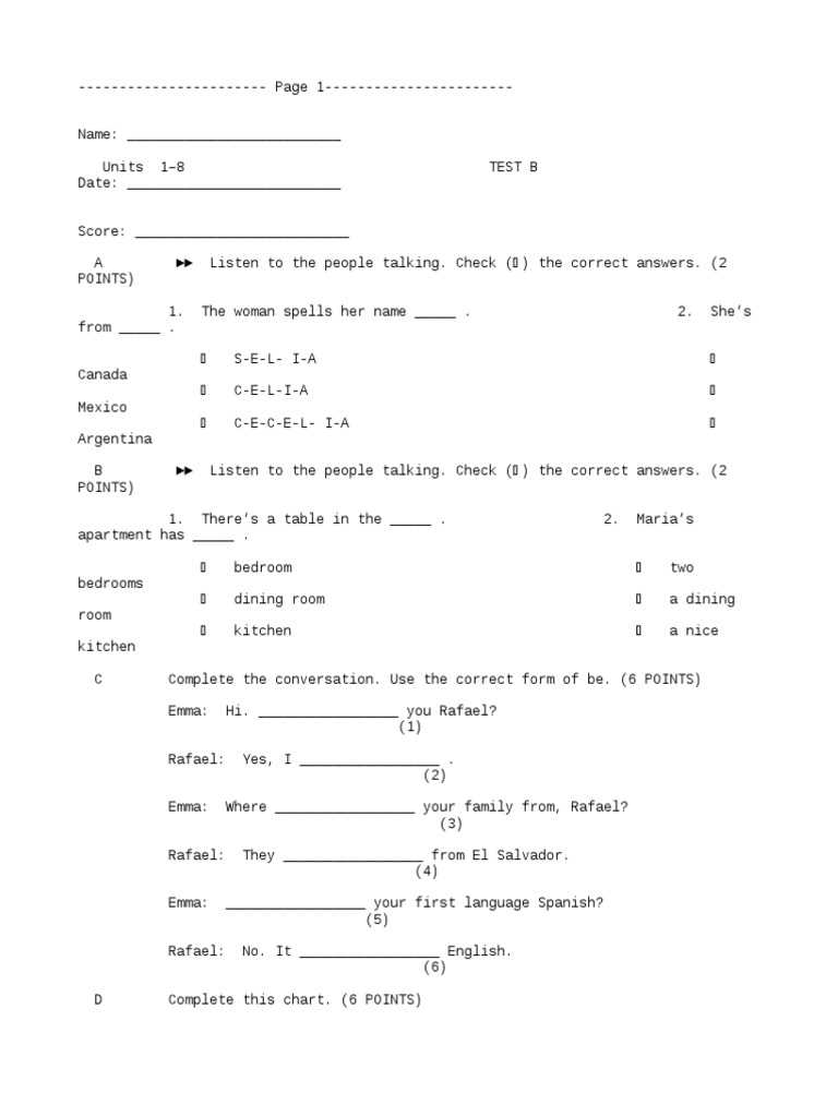 Interchange Final Test B Intro Units 1 8 | PDF | Syntax | Onomastics