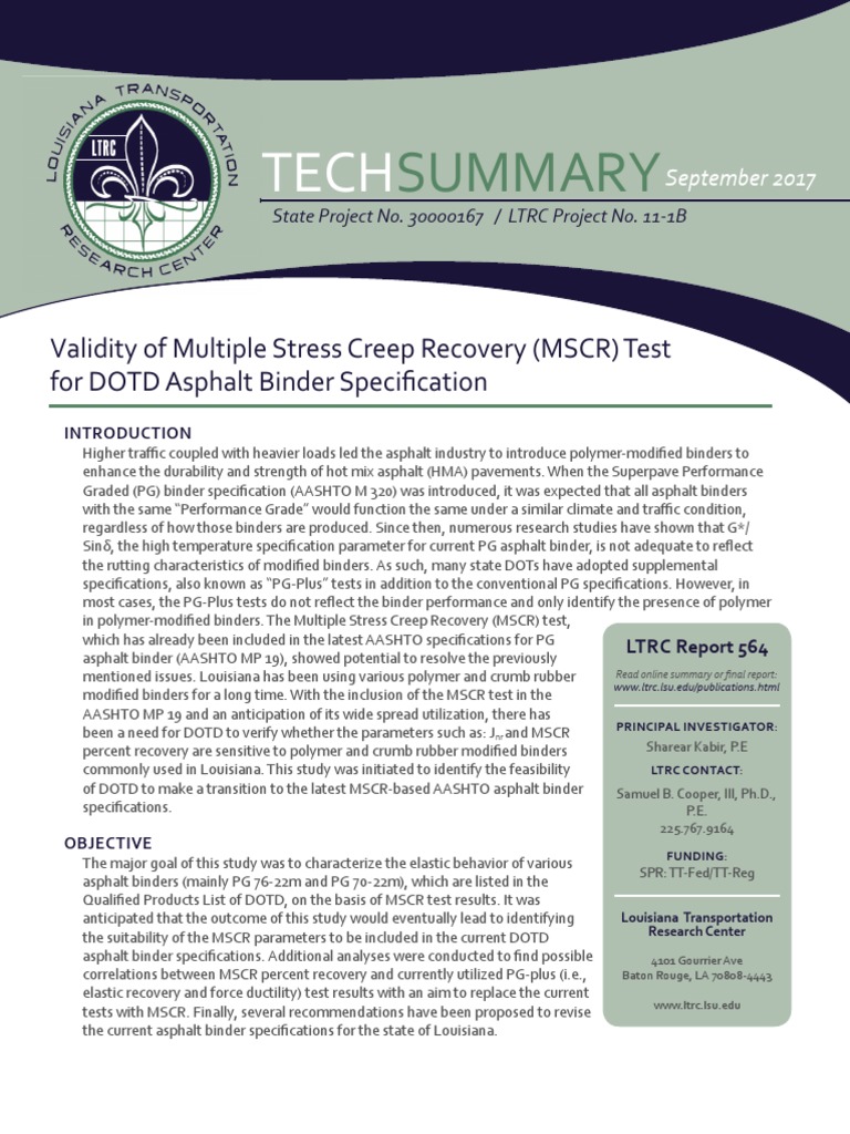 LTRC Technical Summary 564 Validity of Multiple Stress Creep Recovery ...