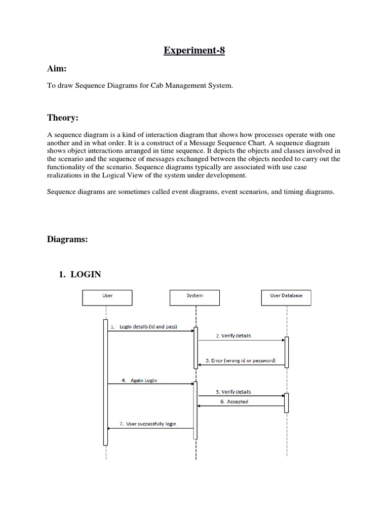 Sequence Diagram for Cab Management System Experiment | PDF